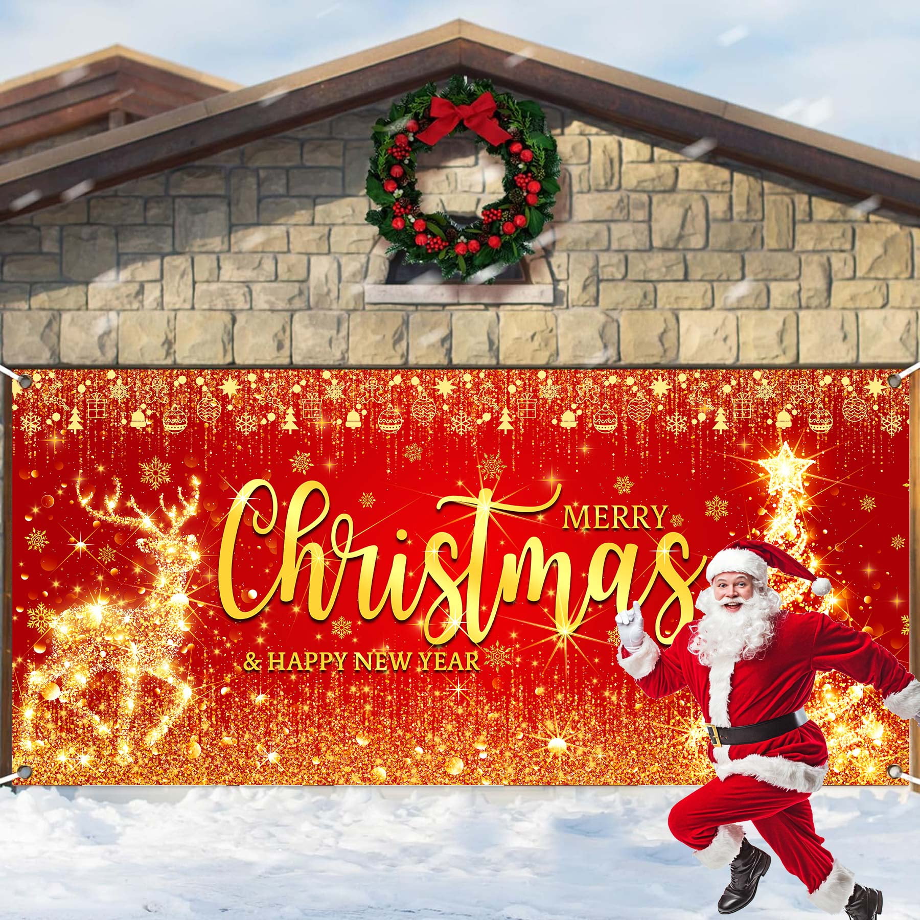 Christmas Garage Door Decorations Red Gold Xmas Glitter Christmas Tree Deer Snowflake Garage
