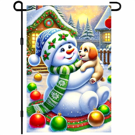 Christmas Garden Flag Snowman Puppy Ornaments Snowy House Scene ...