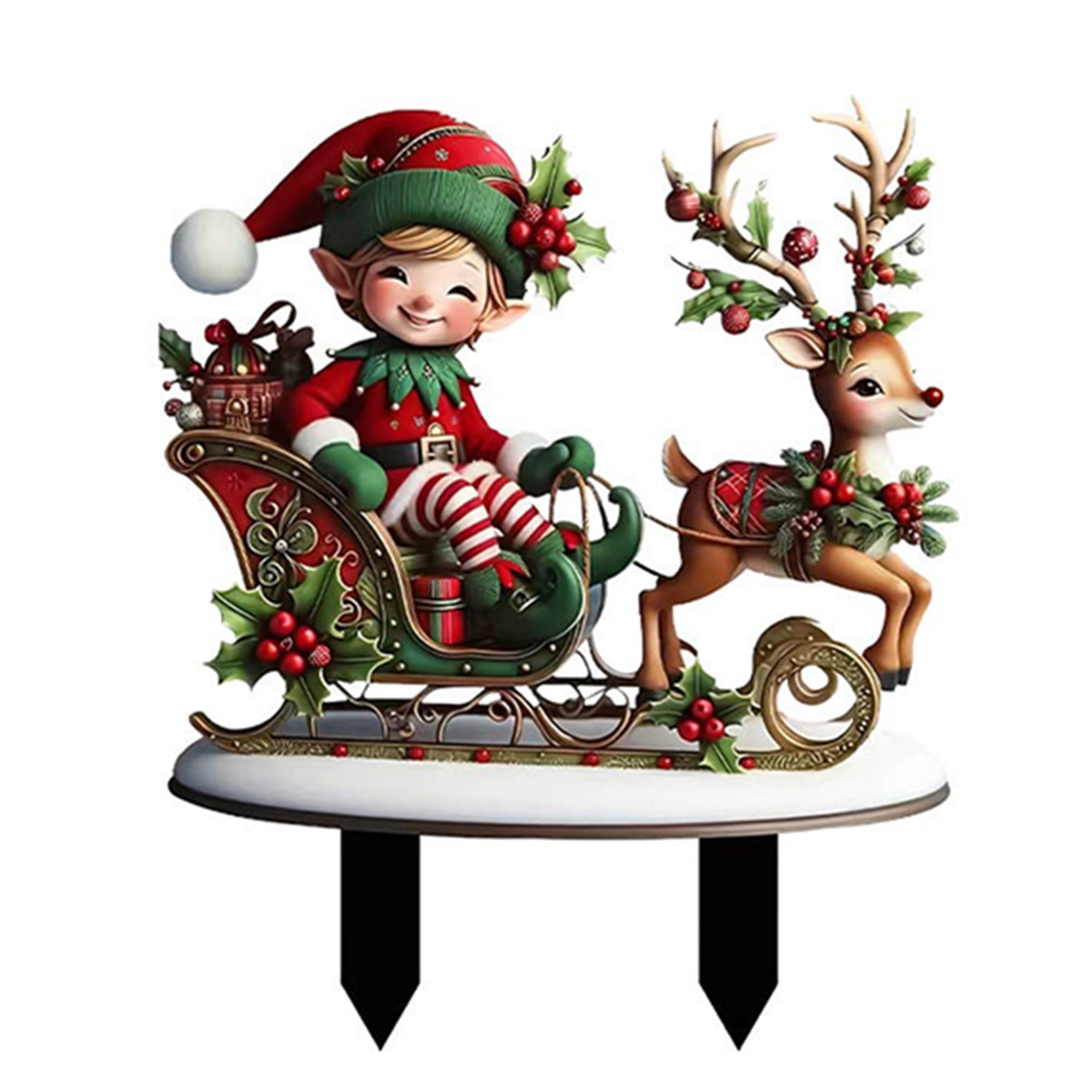 Christmas Garden Stake, Xmas Elf Reindeer Sleigh Ground Insert Outdoor ...