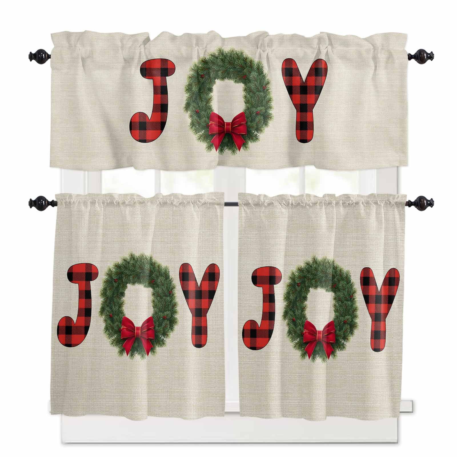 Christmas Garland Kitchen Curtains and Valances Set, Joy Red Bow ...
