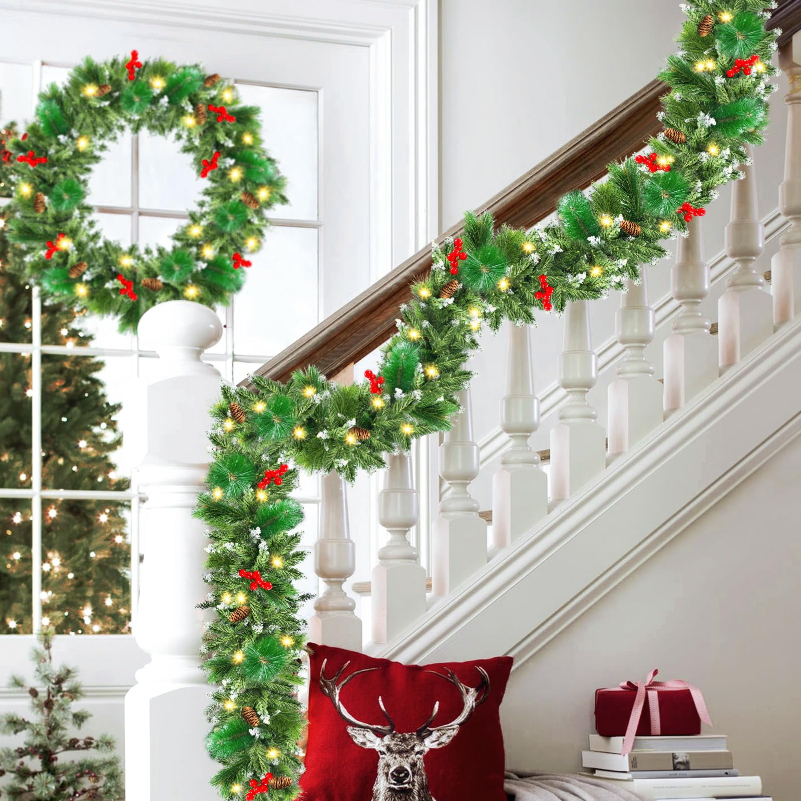 Christmas Garland with Lights, 50 LEDs 9FT Prelit Garland Battery ...