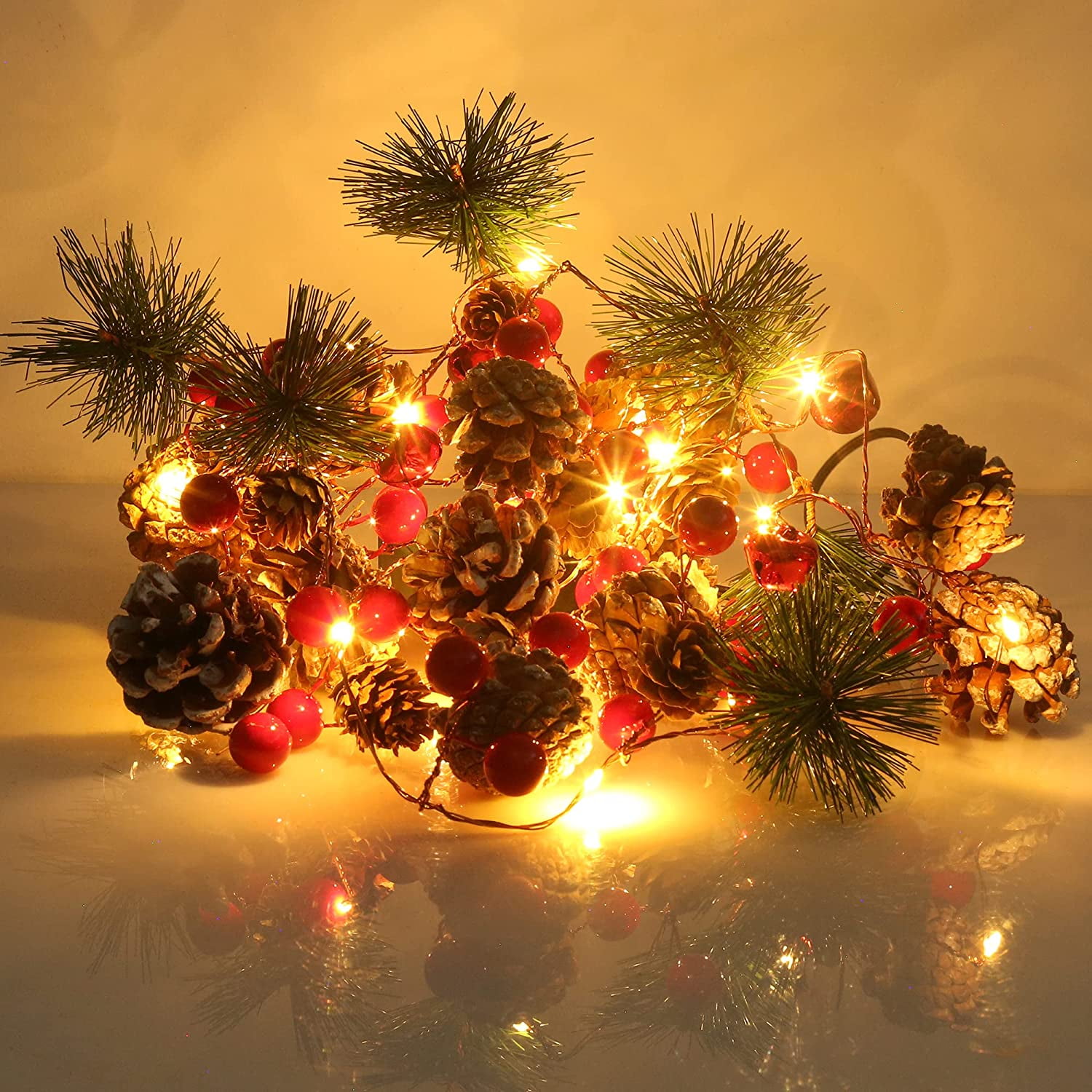Christmas Garland with Lights, 6.5FT 20LEDs Red Berry Pine Cone Prelit ...