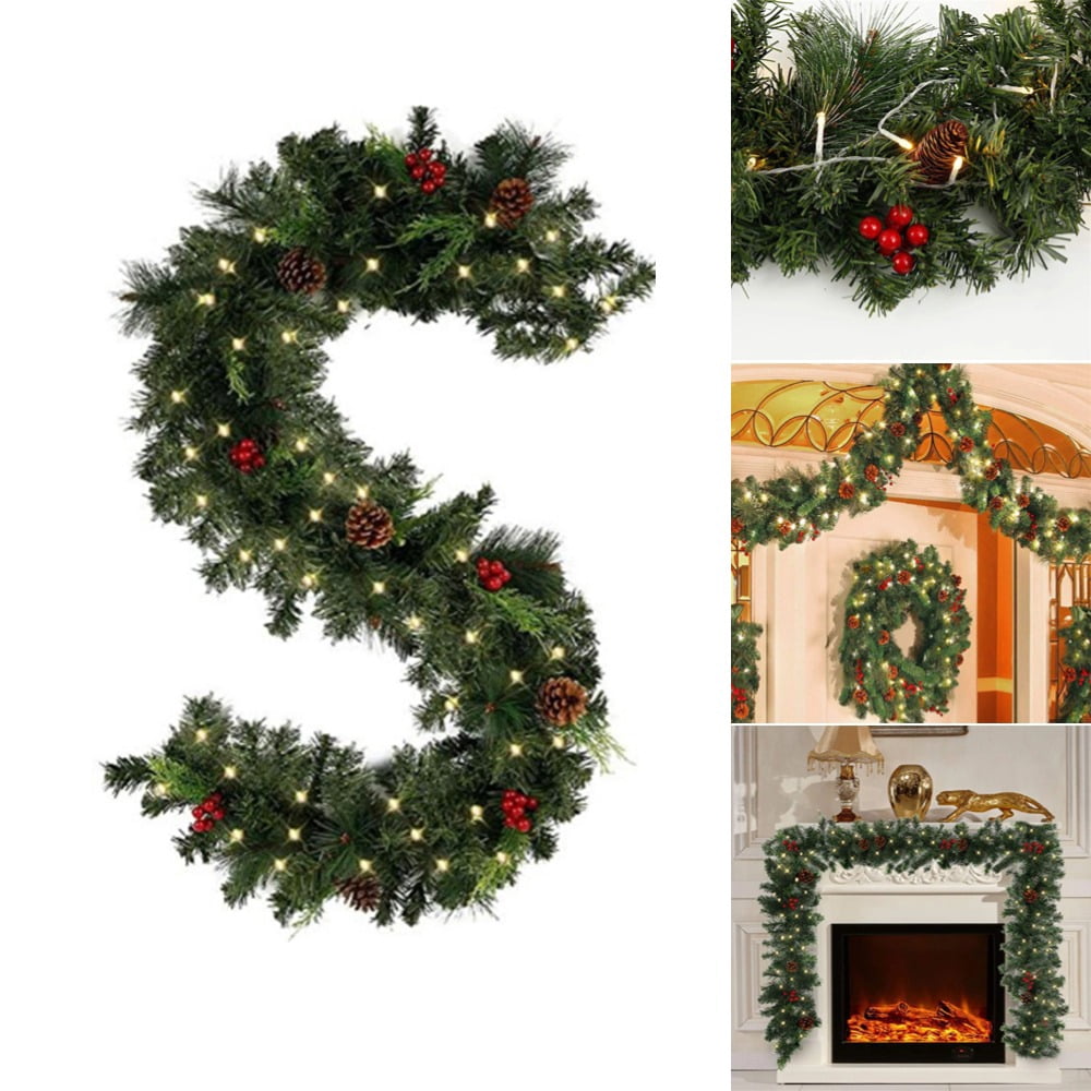 Christmas Garland with Lights, 9ft Pre-Lit Artificial Garland, Adorned ...