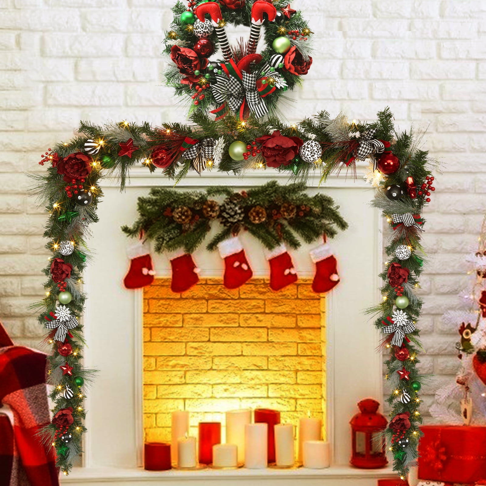 Christmas Garland with Lights for Mantle 6ft, Lighted Outdoor Xmas ...