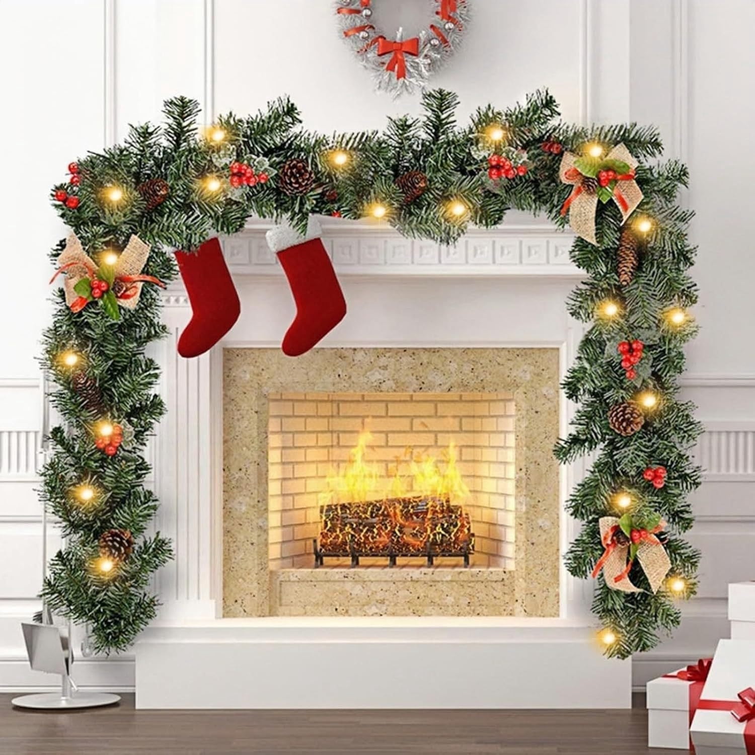 Christmas Garland with Linen Bows, Festive Pinecones and Red Berries ...