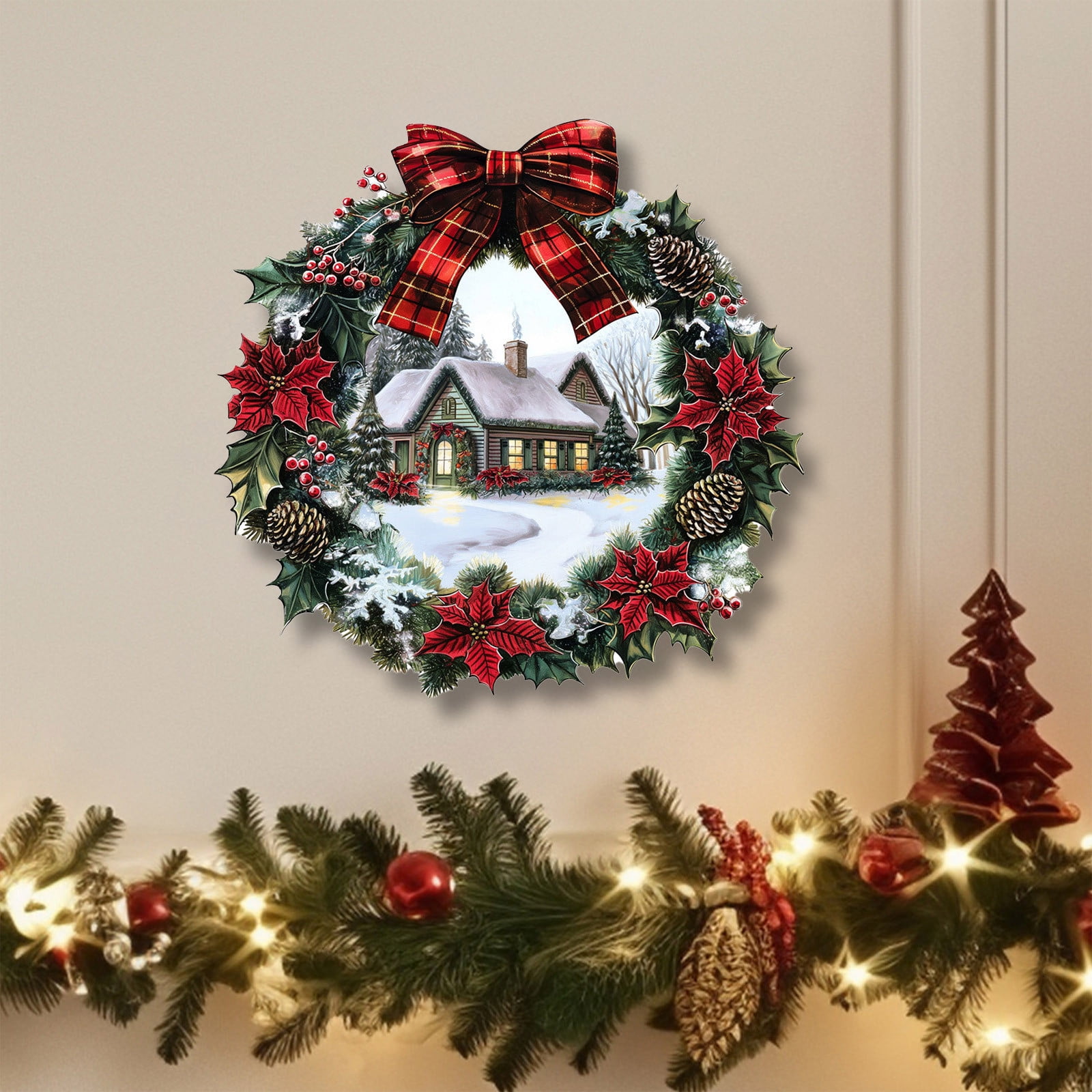 Christmas Garland Snow House Living Room Glass Window Holiday Scene ...