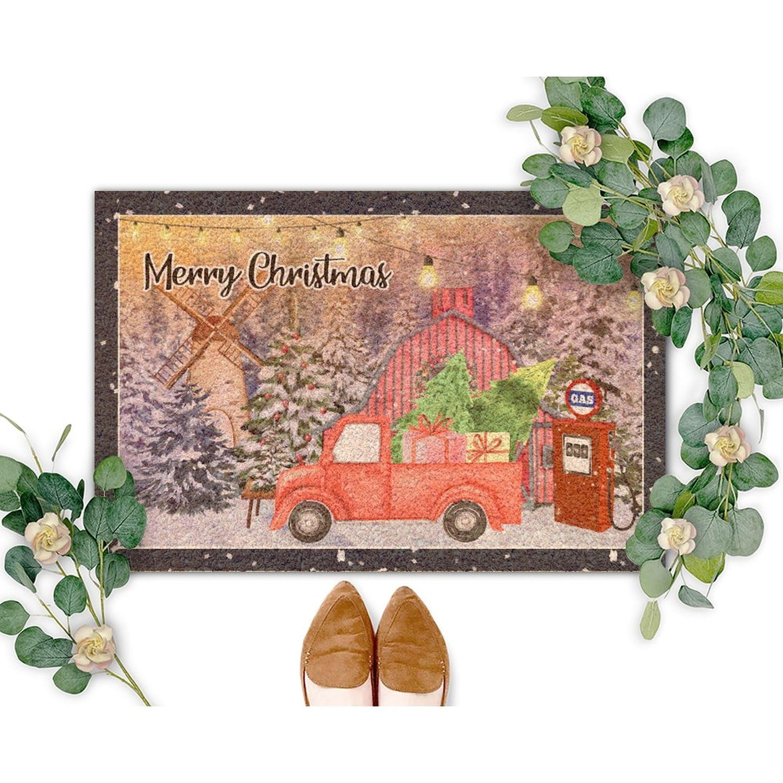 Christmas Gas Station Coir Door Mat Winter Farm Snow Tree Red Truck ...