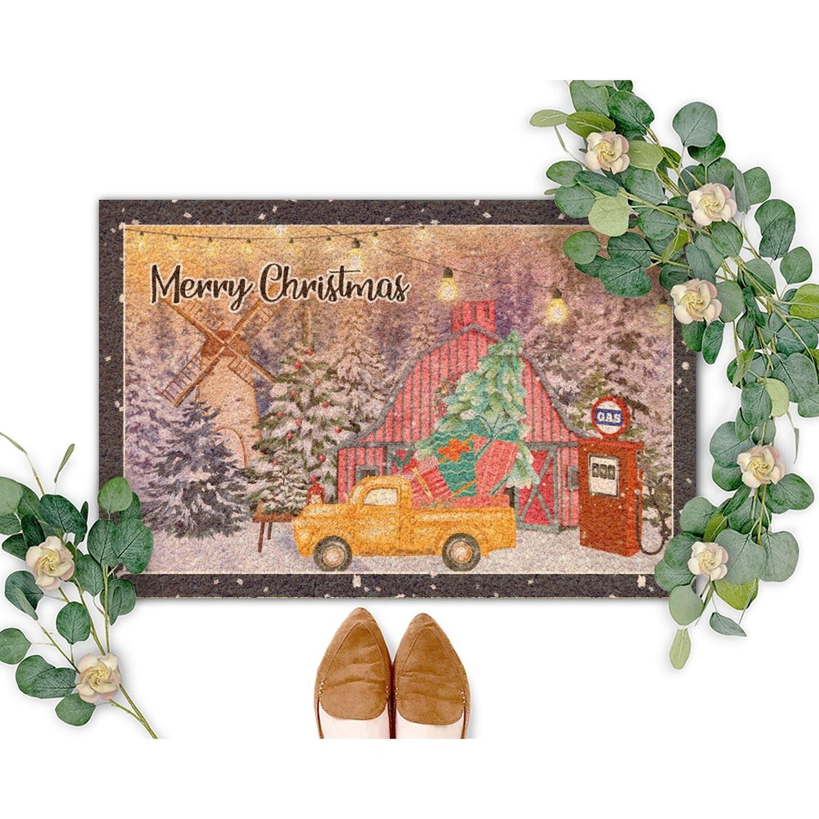 Christmas Gas Station Coir Mat Winter Farm Snow Tree Yellow Truck ...