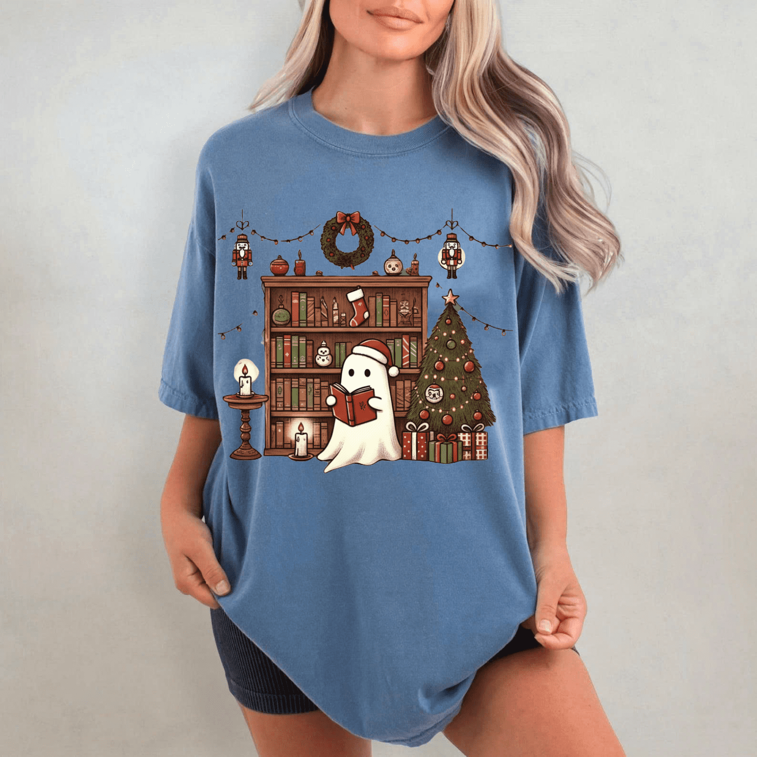 Christmas Ghost Book Comfort Color Shirt, Cute Christmas Ghost Comfort ...