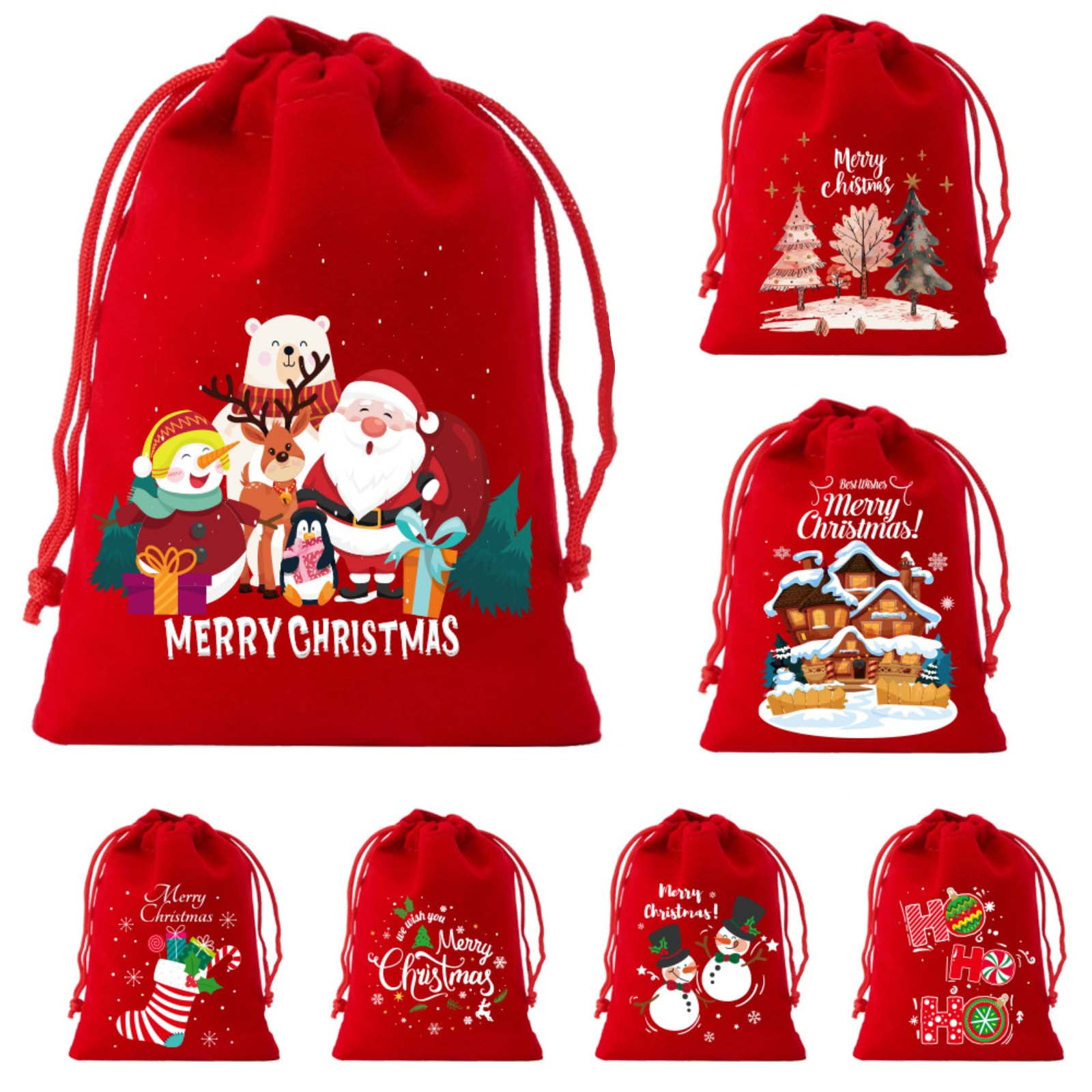 Christmas Gift Bags Drawstring Santa Sacks, 7 Pack Reusable Fabric ...
