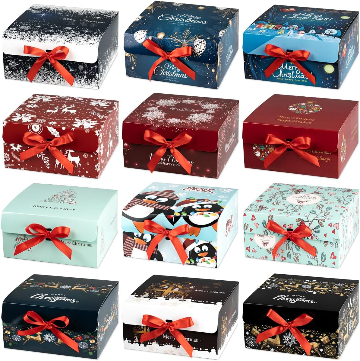 Christmas Gift Boxes with Lids, 12 Pack Gift Box and Red Ribbon ...