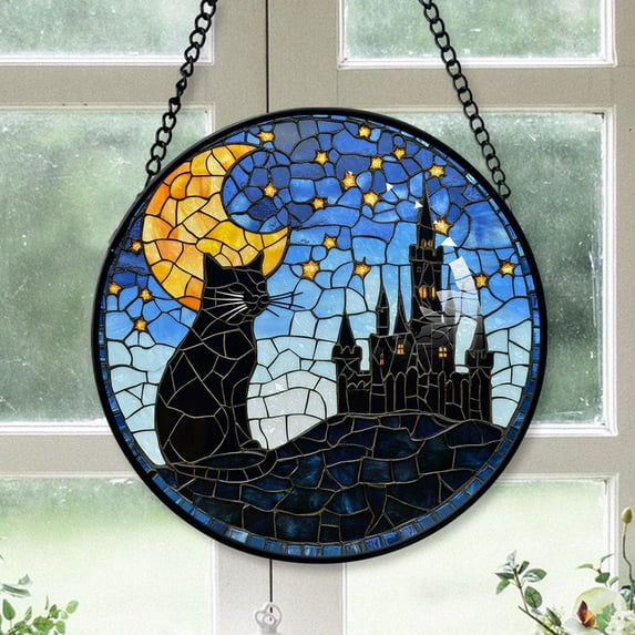 Christmas Gift Bundle - Moon Black Cat Stained Glass Hanging Ornament ...