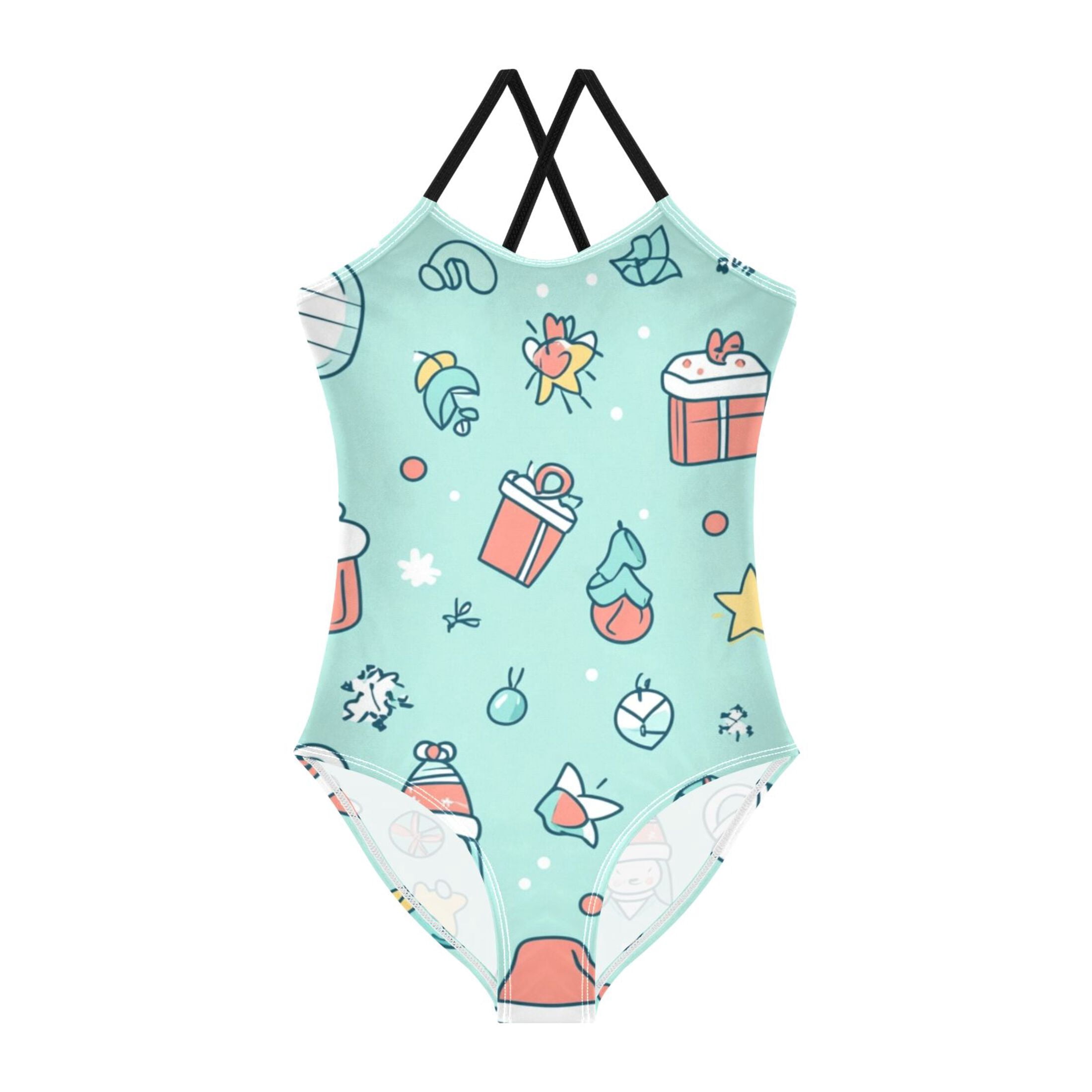 Christmas Gift Pattern Girls' One-Piece Swimwear 3T-10T Soft Stretchy ...