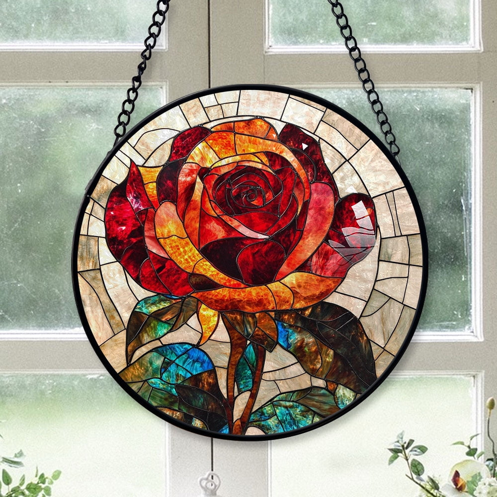 Christmas Gift - Red Rose Flower Retrosation Christmas Stained Glass ...