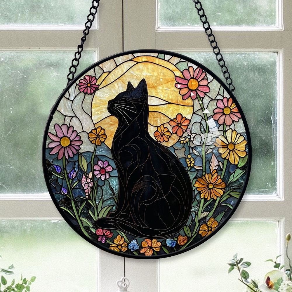 Christmas Gift Set - Black Cat in A Moonlit Xmas Stained Glass Hanging ...