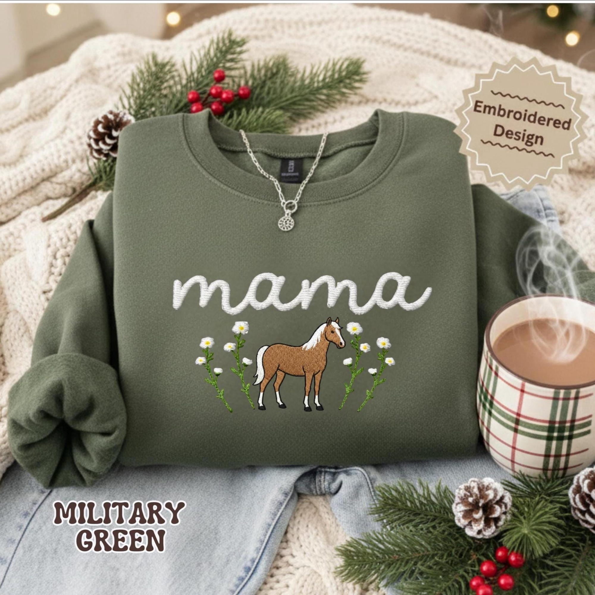 Christmas Gift for Mom Horse Mama Embroidered TShirt Cozy Horse Lover ...