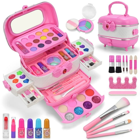 Wattne Girls Makeup Kit, 58 Pcs Washable Toddler Makeup Set, Safe ...