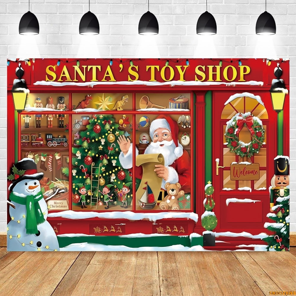 Christmas Gifts Store Backdrop Santa's Toy Store Window Xmas Tree ...