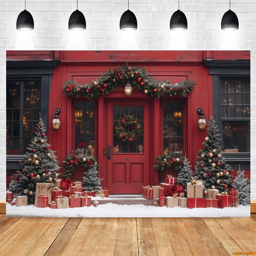 Christmas Gifts Store Photography Background Snow Xmas Tree Gifts Shop ...