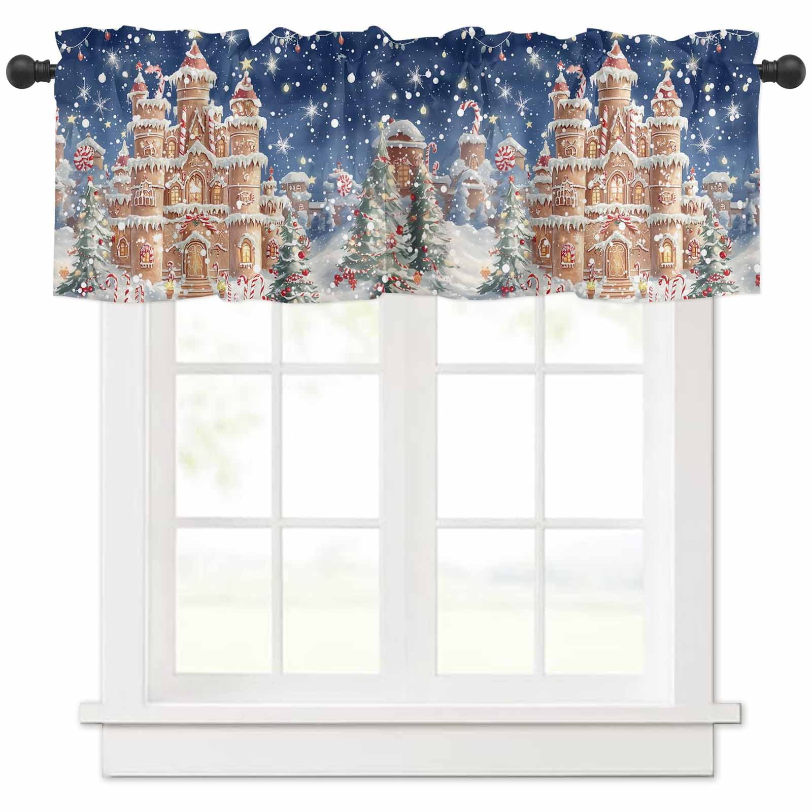 Christmas Gingerbread Castle Valances for Windows, Candy Xmas Pine Tree ...