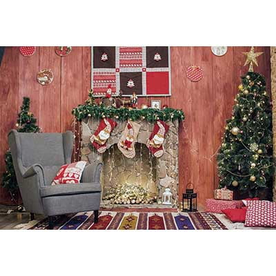 Christmas Gingerbread Fireplace Backdrop Xmas Trees Gifts Photography ...