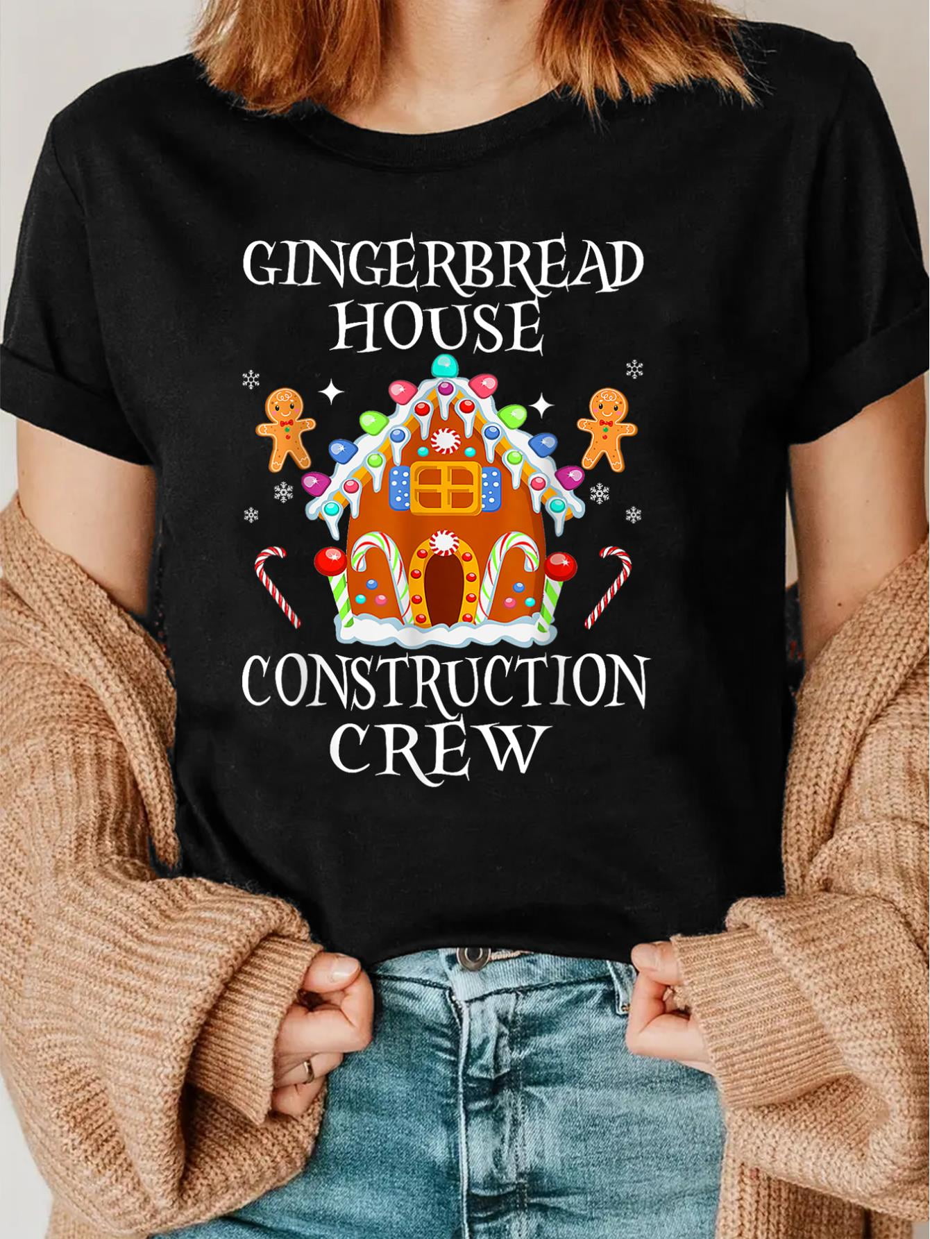 Christmas Gingerbread House Construction Crew T-Shirt Casual Crew Neck ...