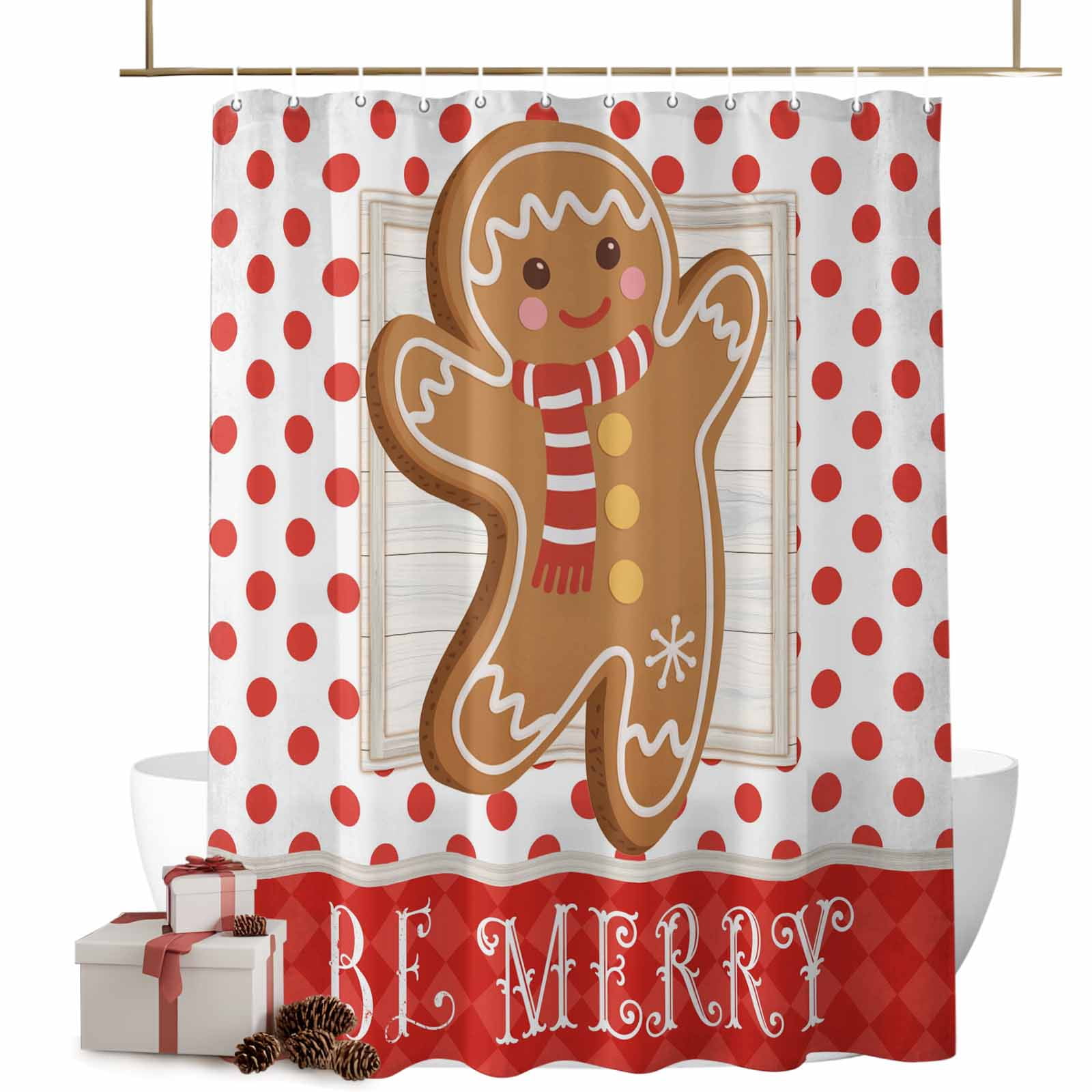 Christmas Gingerbread Man Bathroom Shower Curtain Cute Red Polka Dot Be ...