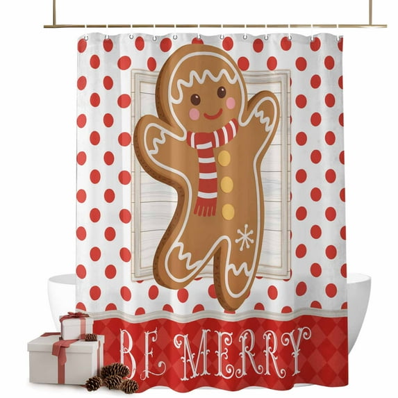 Christmas Gingerbread Man Bathroom Shower Curtain Cute Red Polka Dot Be ...