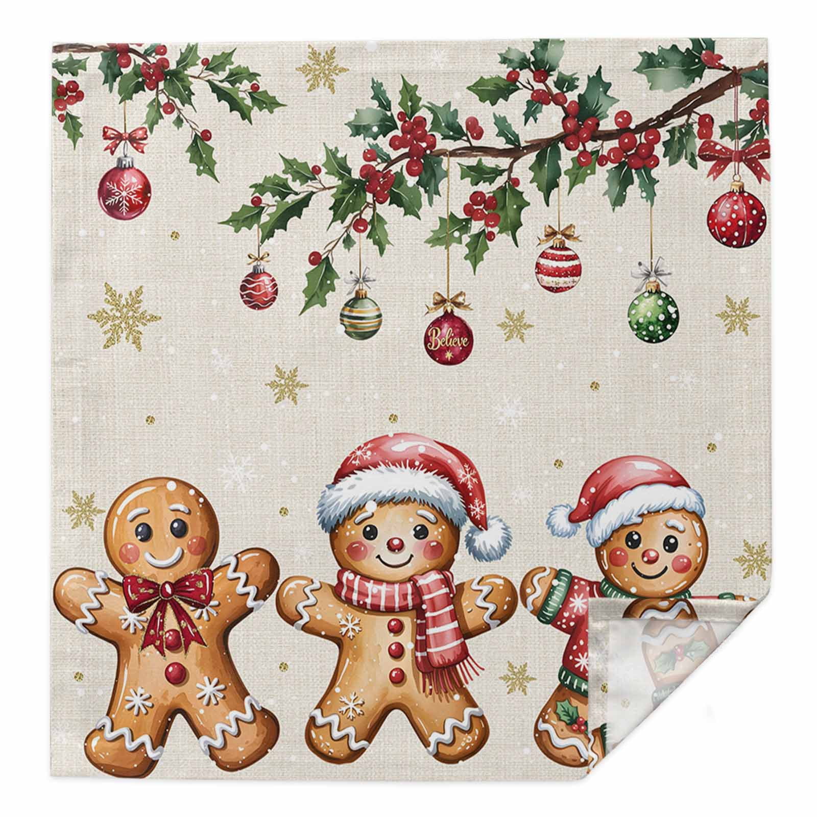 Christmas Gingerbread Man Cloth Napkin Set of 1, Xmas Balls Holly Berry ...