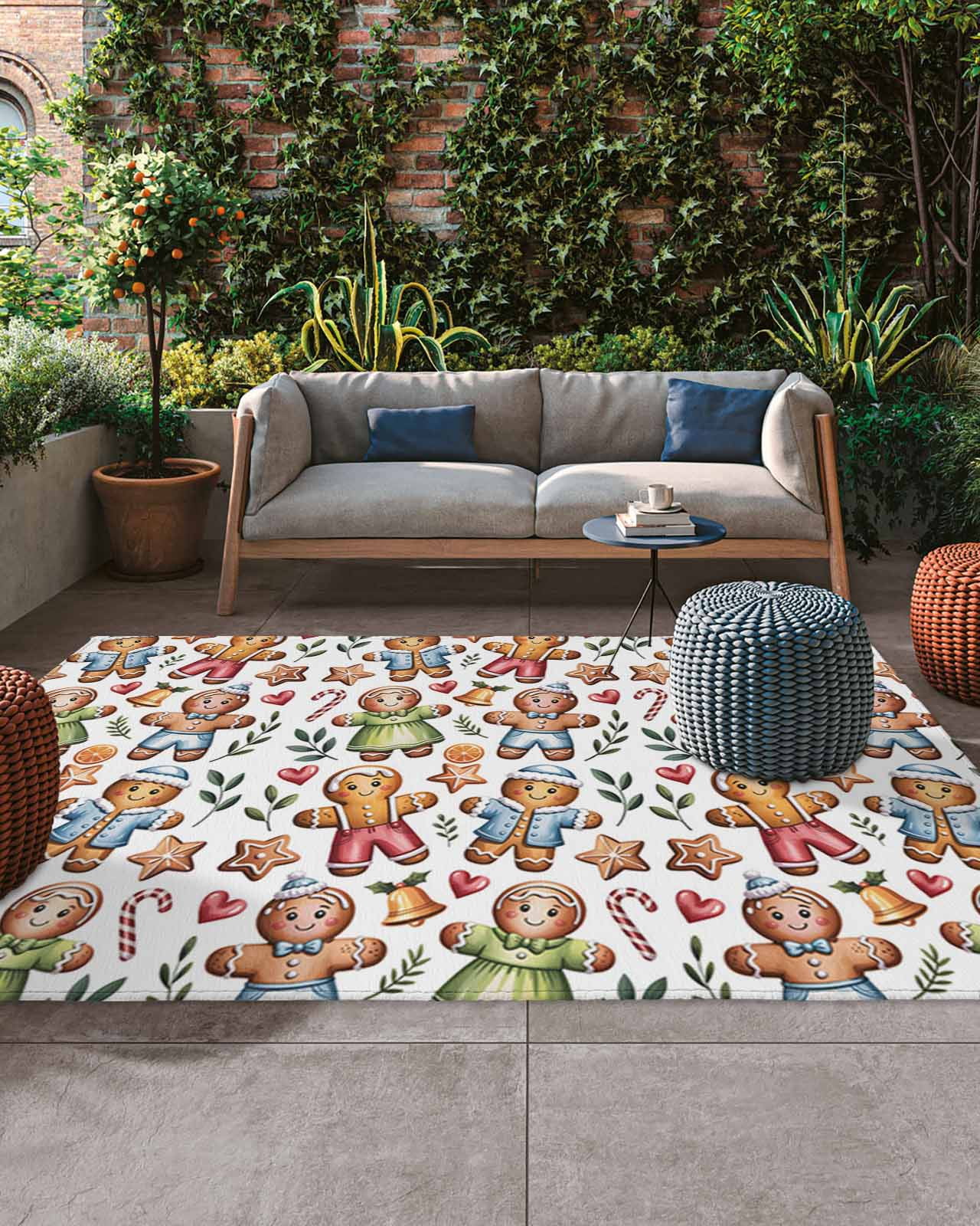 Christmas Gingerbread Man Outdoor Rug, Heart Leaf Xmas Bell Winter ...