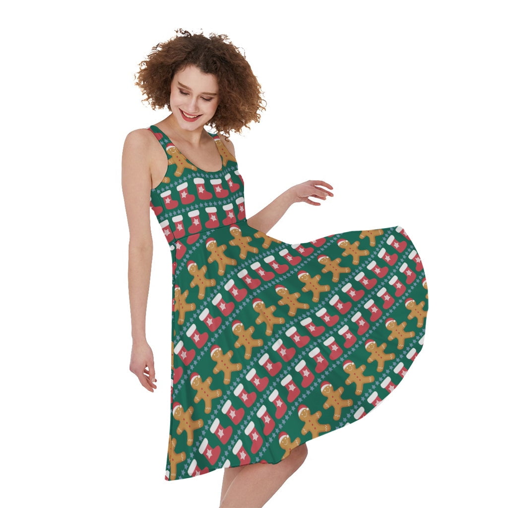 Christmas Gingerbread Man Pattern Print Sleeveless Knee Length Dress ...