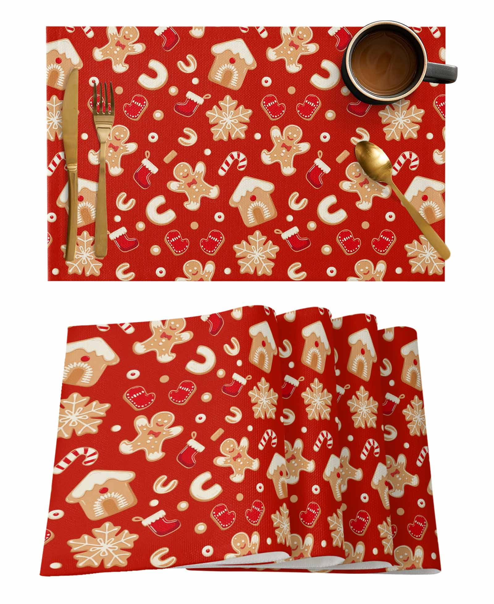 Christmas Gingerbread Man Placemats Set of 2 Winter Snowflake Food Red ...