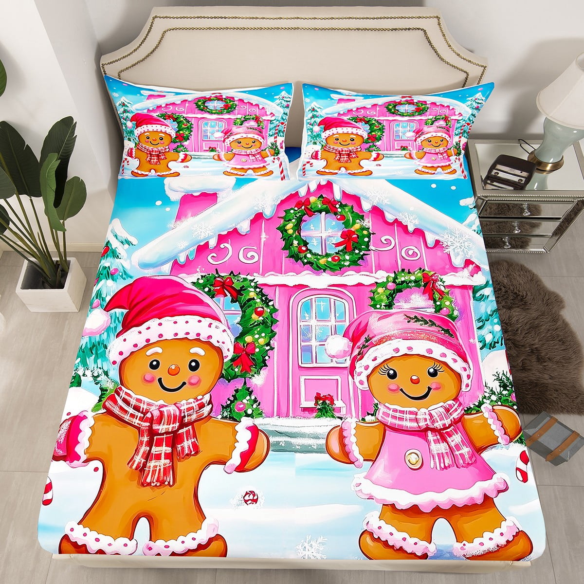 Christmas Gingerbread Man Twin Fitted Sheet Pink And White Buffalo ...