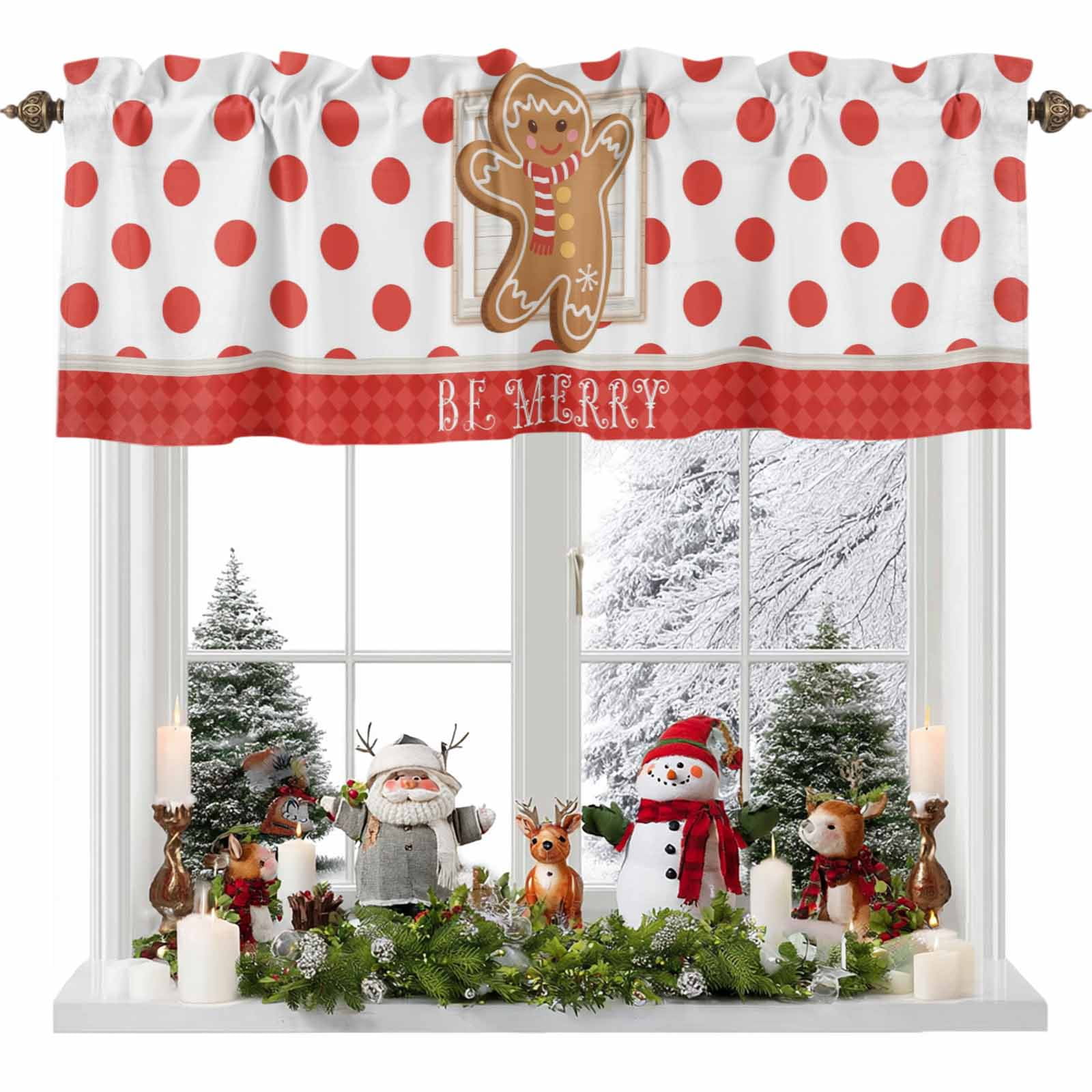 Christmas Gingerbread Man Valance Curtain for Windows Cute Red Polka ...