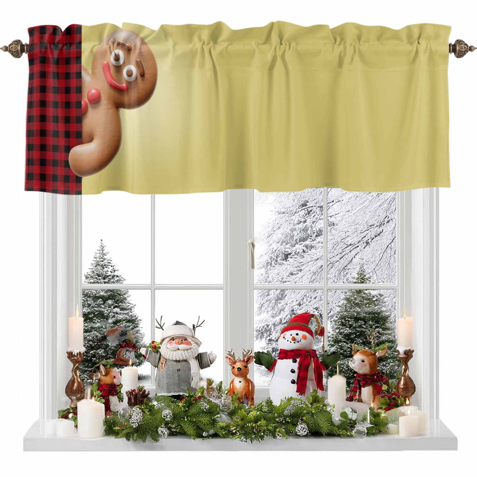 Christmas Gingerbread Man Valances for Windows, Red Buffalo Plaid Retro ...