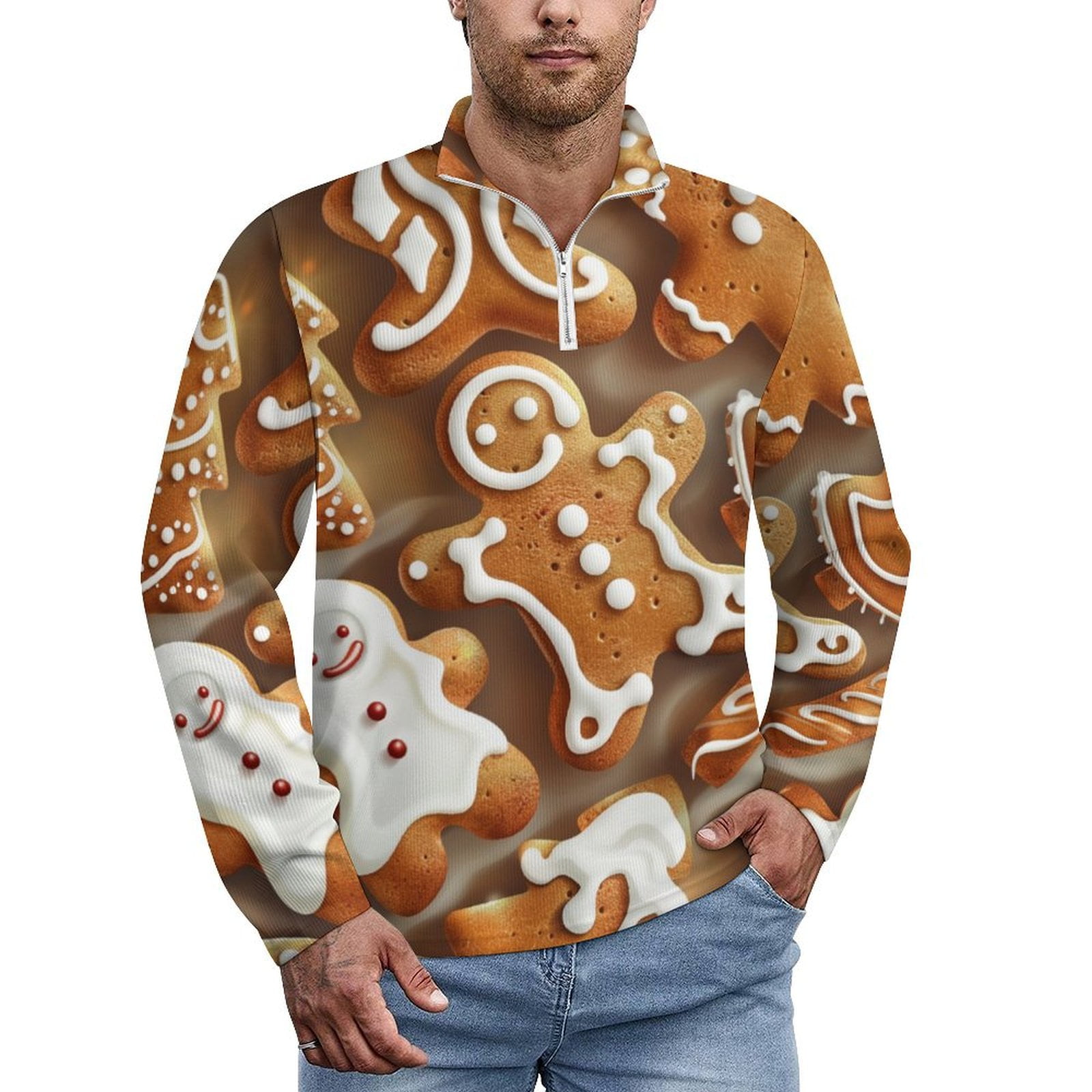Christmas Gingerbread Men's Sweater Sports POLO Shirt Zip Pullover Mens ...