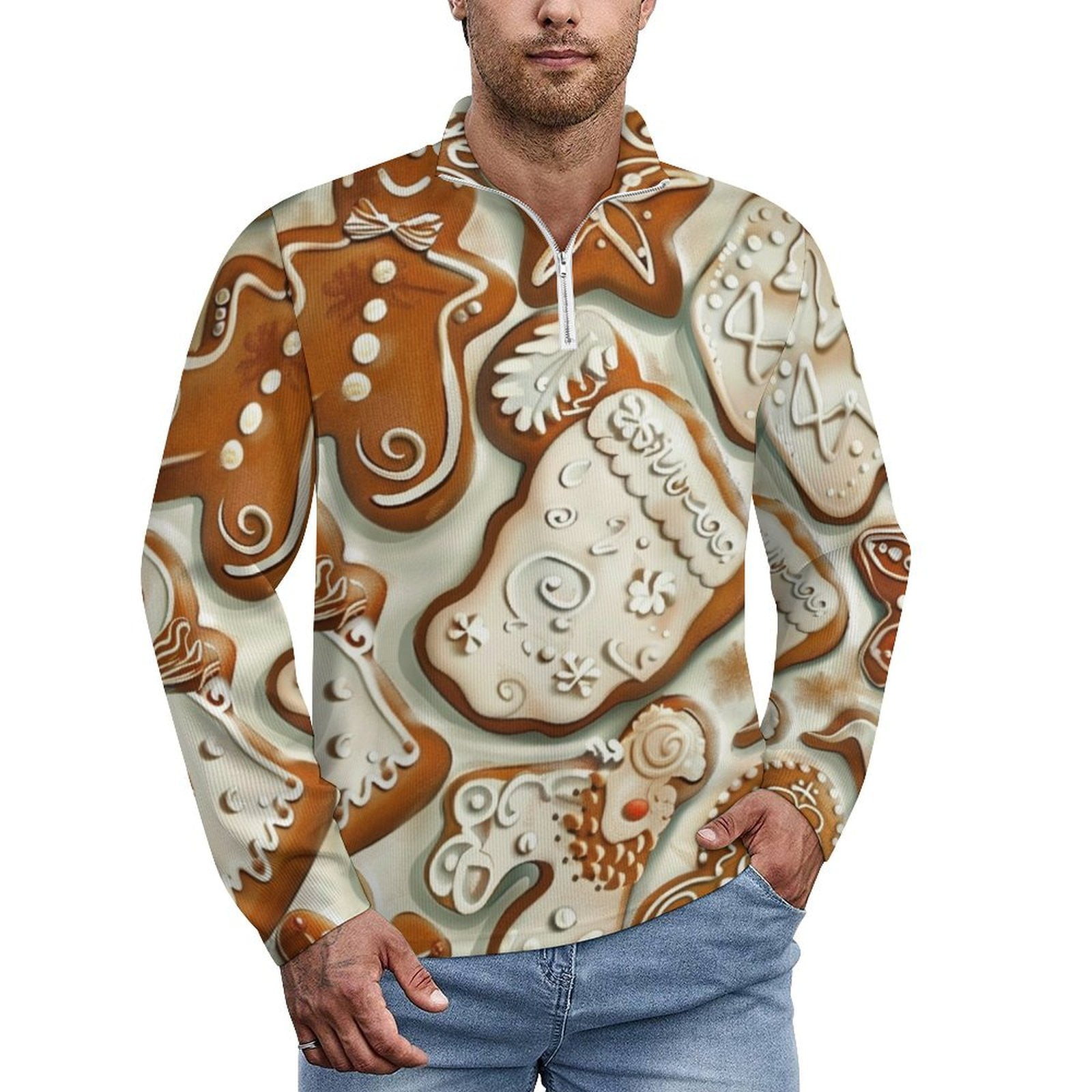 Christmas Gingerbread Men's Sweater Sports POLO Shirt Zip Pullover Mens ...