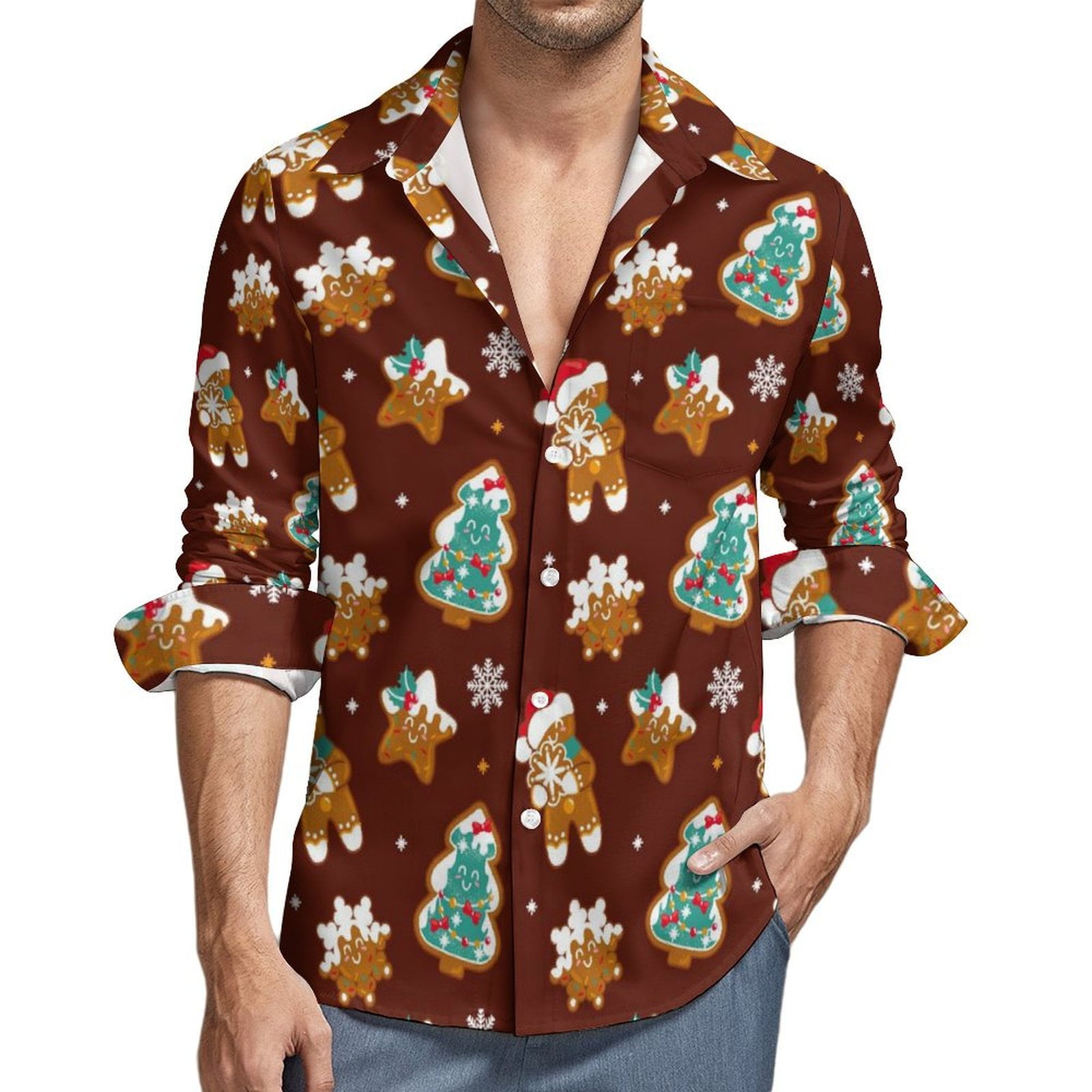 Christmas Gingerbread Mens Long Sleeve Button Down Shirts, Casual Men's ...