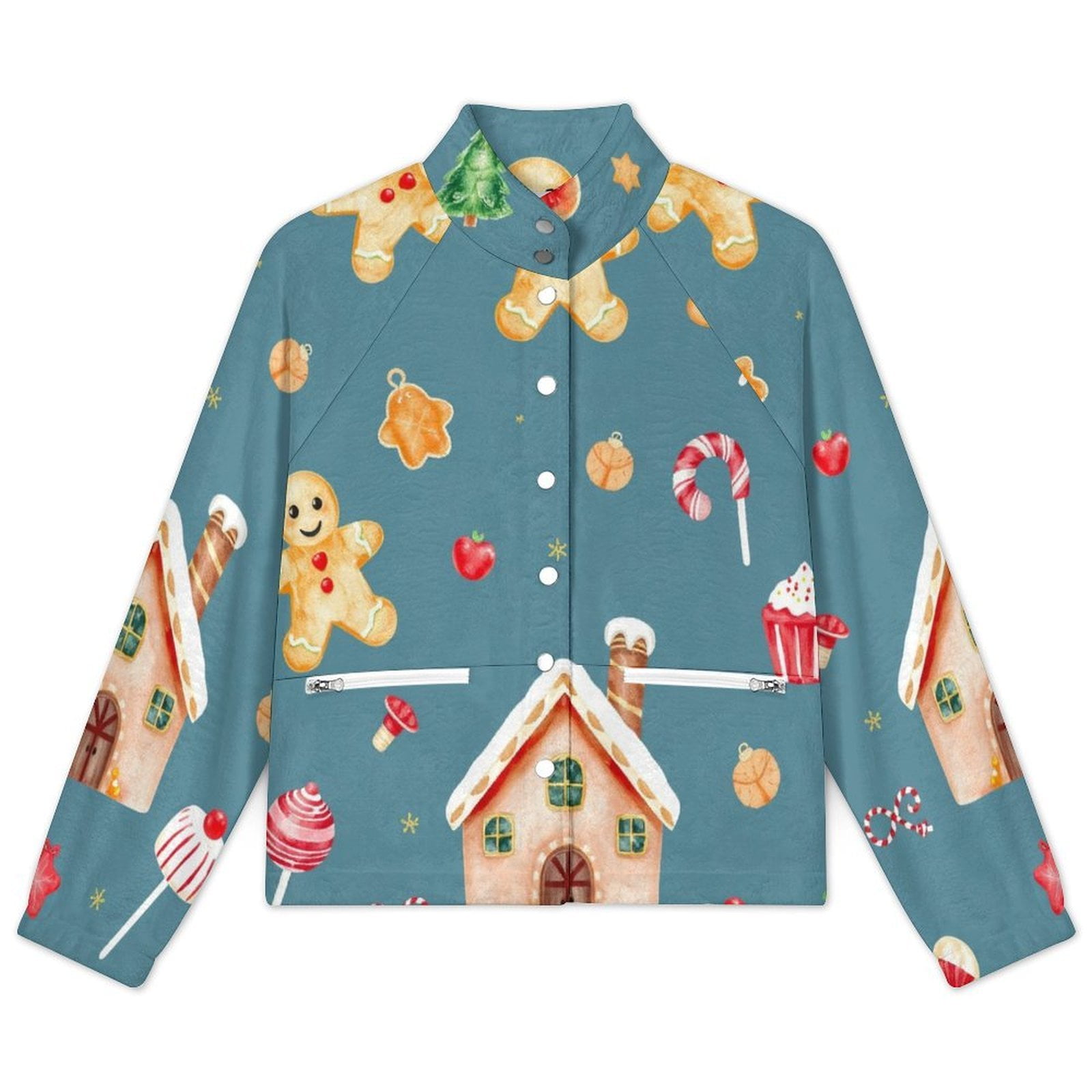 Christmas Gingerbread Pattern Warm Women's Plush Jacket Stand Collar ...