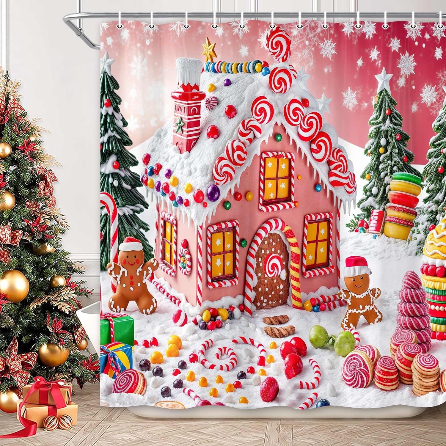Christmas Gingerbread Shower Curtain, Pink Candy House Kids Candyland ...
