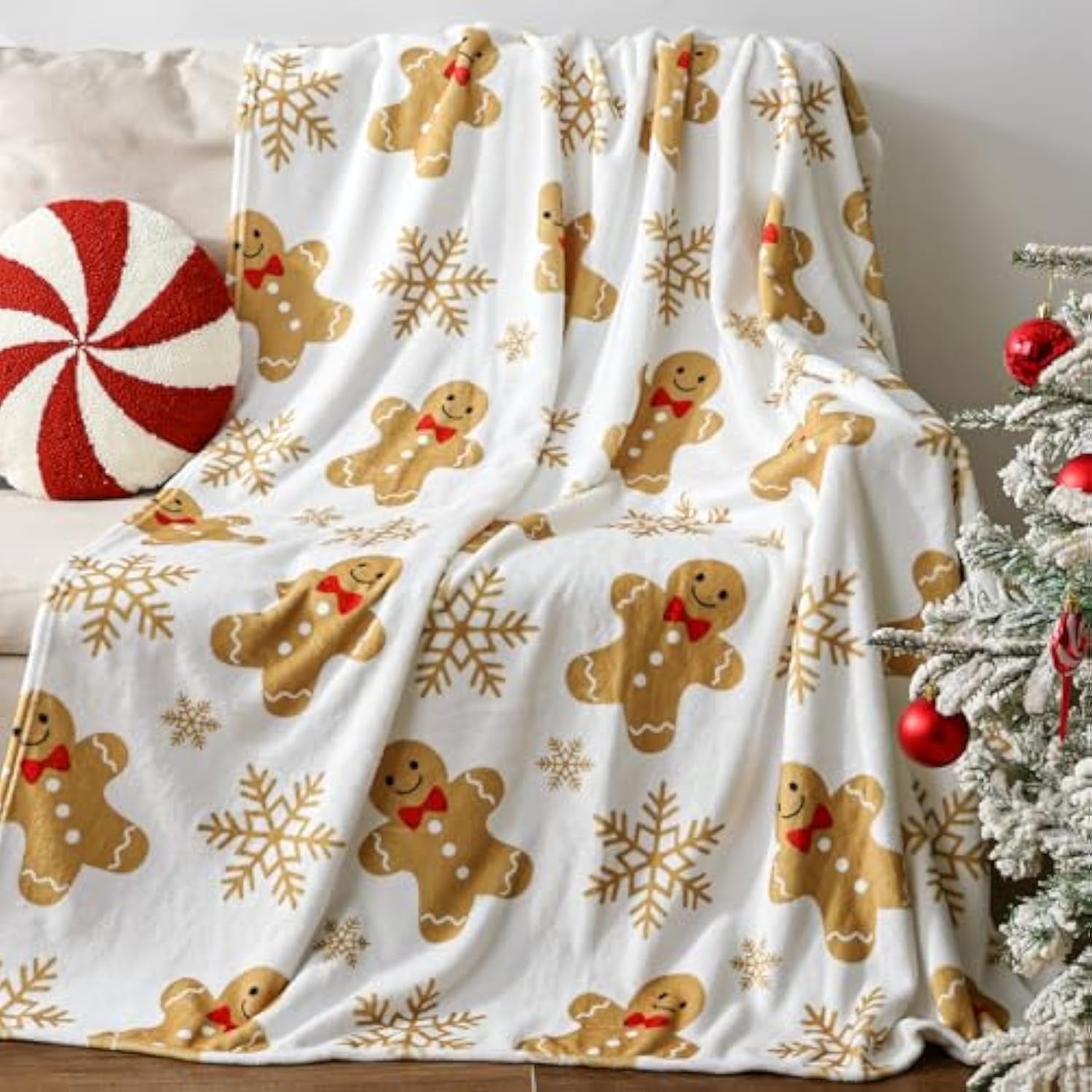 Christmas Gingerbread Throw Blanket Ultra Soft White Flannel Plush ...