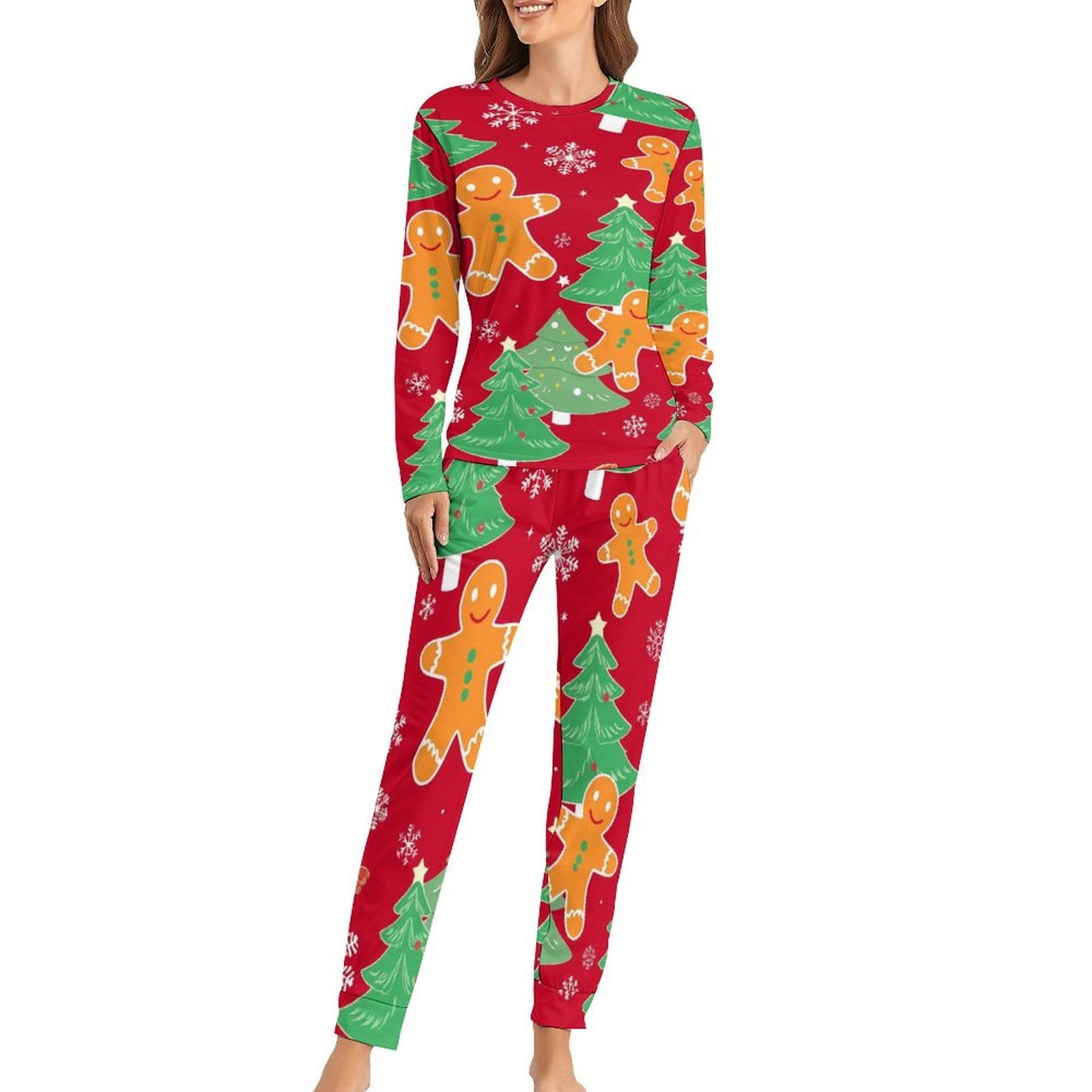 Christmas Gingerbread Trees Pajamas Woman Two Piece Design Long Sleeves ...
