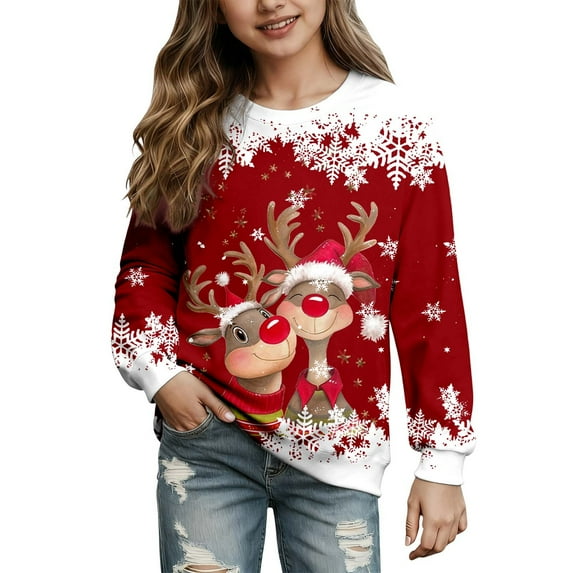 Christmas Girl's Cartoon Deer Headed Crewneck Long-Sleeved Sweatshirt ...