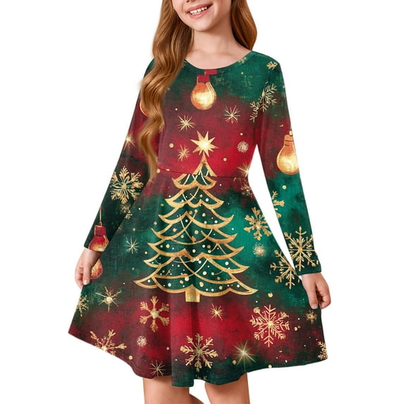 Christmas Girls' Princess Dress Long Sleeve Holiday Print Swing Dress ...