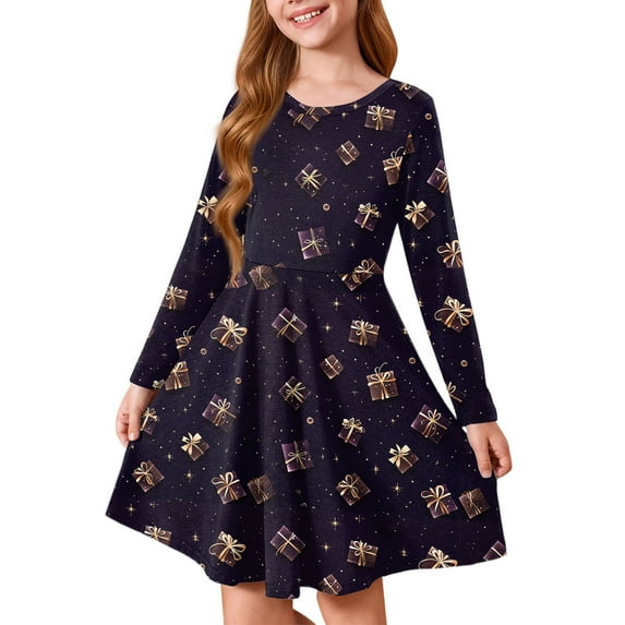 Christmas Girls' Princess Dress Long Sleeve Holiday Print Swing Dress ...