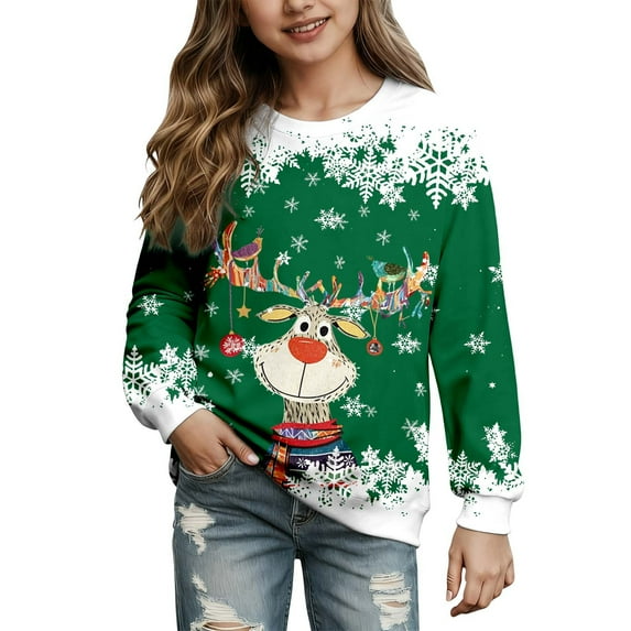 Christmas Girls Sweatshirt Cartoon Reindeer Graphic Crew Neck Long ...