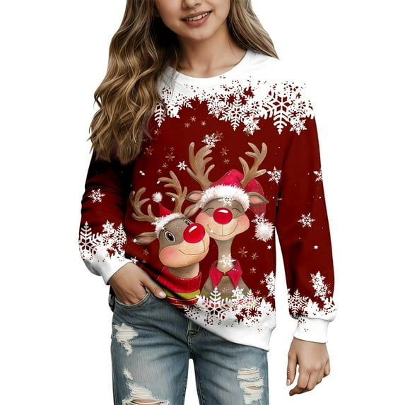 Christmas Girls Sweatshirt Cartoon Reindeer Graphic Crew Neck Long ...
