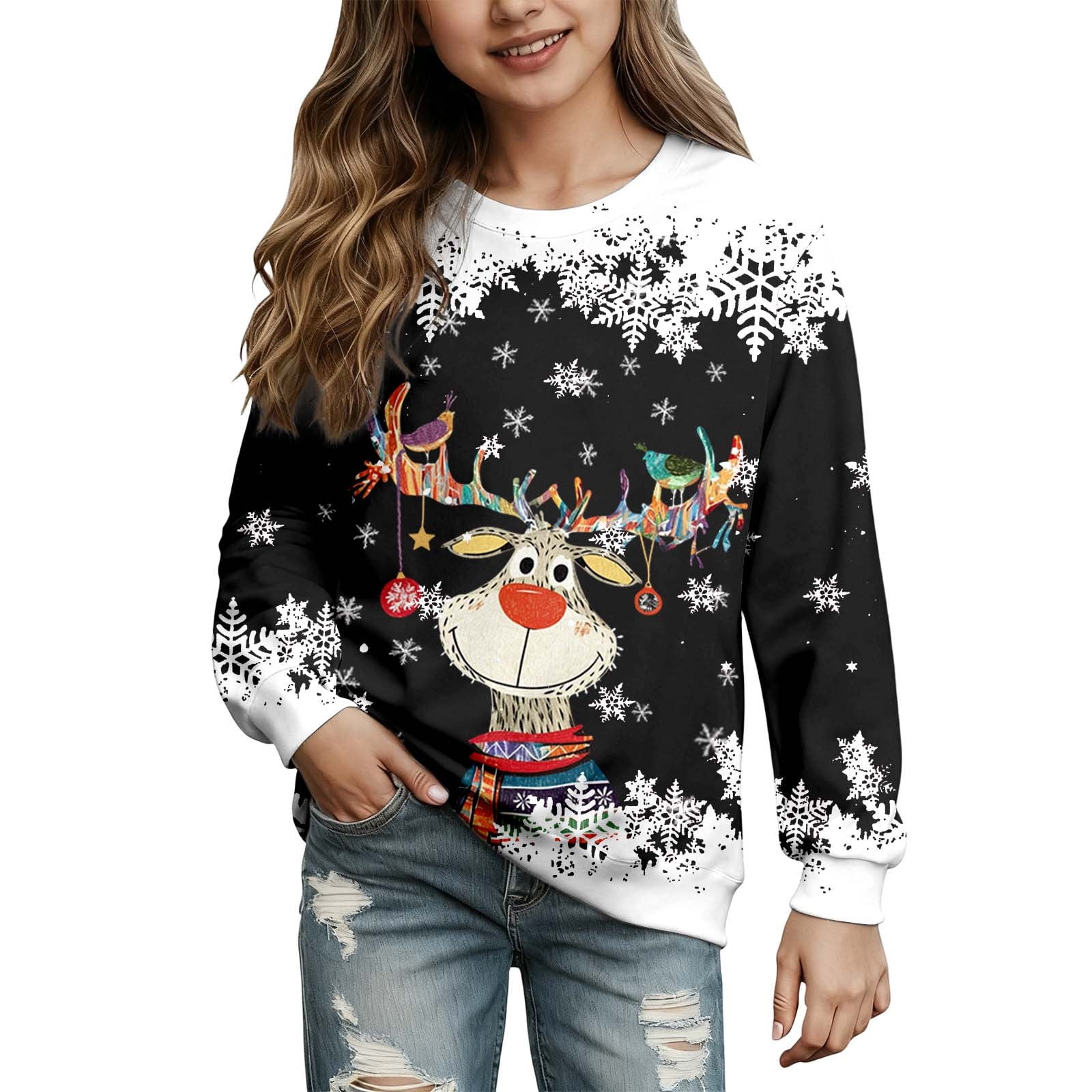 Christmas Girls Sweatshirt Cartoon Reindeer Graphic Crew Neck Long ...