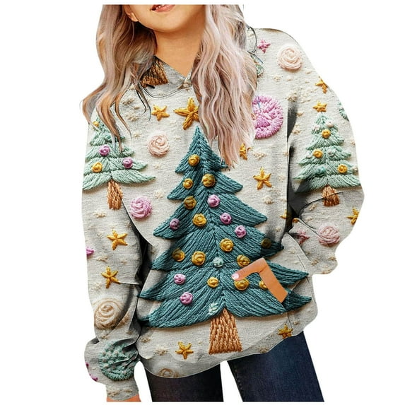 Christmas Girls Sweatshirt Hoodies Long Sleeve Tree Emborider ...
