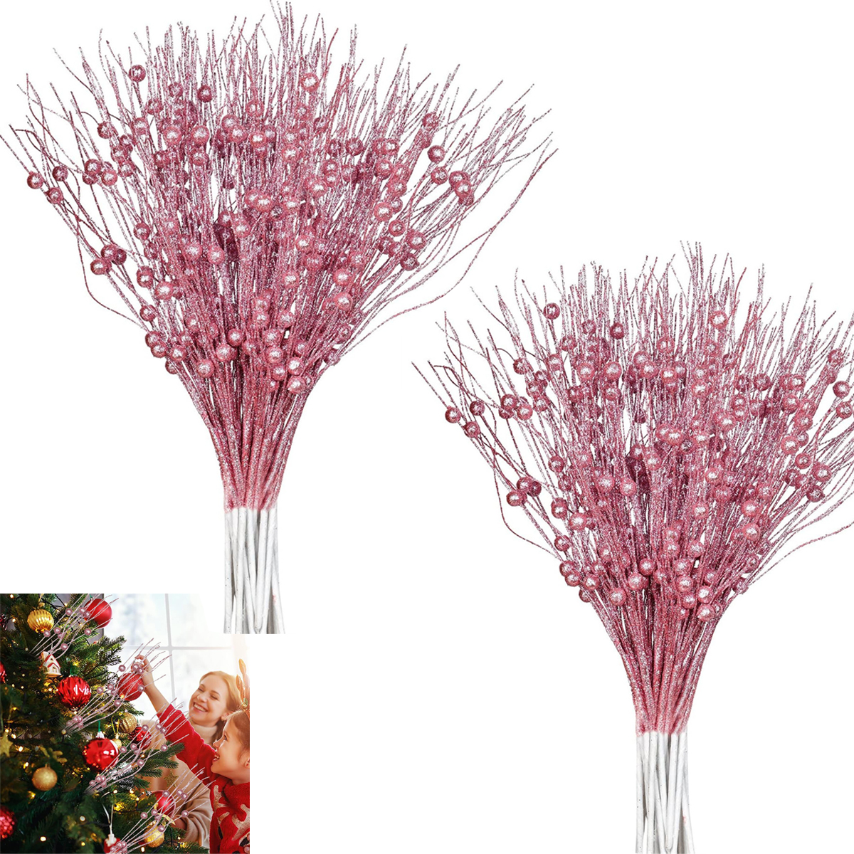 Christmas Glitter Berries Stems Tutuviw 32 Pcs 17inch Artificial Pink ...